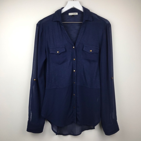 Mnk | Tops | Mnk Navy Blue Long Sleeve Button Down W Studs | Poshmark